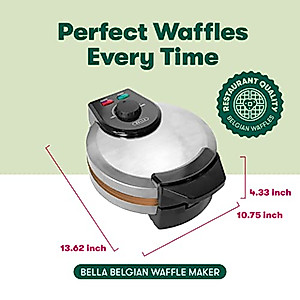BELLA Classic Belgian Waffle Maker, 7" Round, Non Stick, Waffle Iron Makes 1” Thick Waffles, Variable browning control knob, Stay-cool handle with locking latch, Stainless Steel