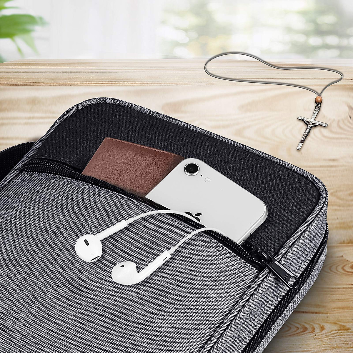 FINPAC Bible Cover, Carrying Book Case Church Bag Bible Protective with Handle and Zippered Pocket, Perfect Gift for Men Women Father Kids (Gray)