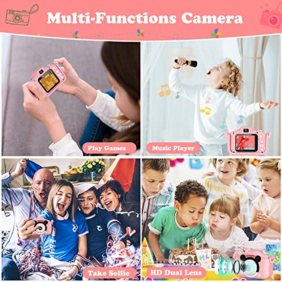 Kids Camera,HD Digital Video Camera with Protective Silicone Cover, Children Toys for 3 4 5 6 7 8 9 Year Old Boys/Girls,Selfie Camera for Kids,3-12 Year Old Birthday Gifts with 32GB SD Card