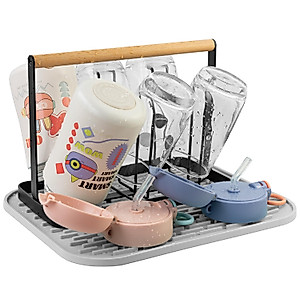 Mukkuri Cup Drying Rack Stand,Beer Glasses Rack 6 Cup Metal Drainer Holder Rack Non-Slip Mugs Cups Organizer with Wood Handle, Black