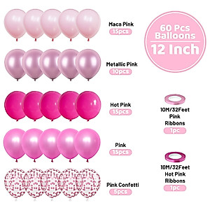 Funhot Pink Balloons Set, 60PCS Hot Pink Latex Balloons, 12Inch Pink Confetti Balloon Pastel Pink Metallic Party Balloons Helium for Girls Women Baby Shower Princess Wedding Birthday Party Decoration