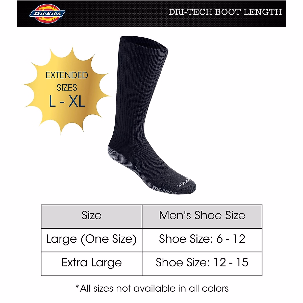 Dickies Mens Multi-pack Dri-tech Moisture Control Boot-length Socks, Black (12 Pairs), 6-12 US