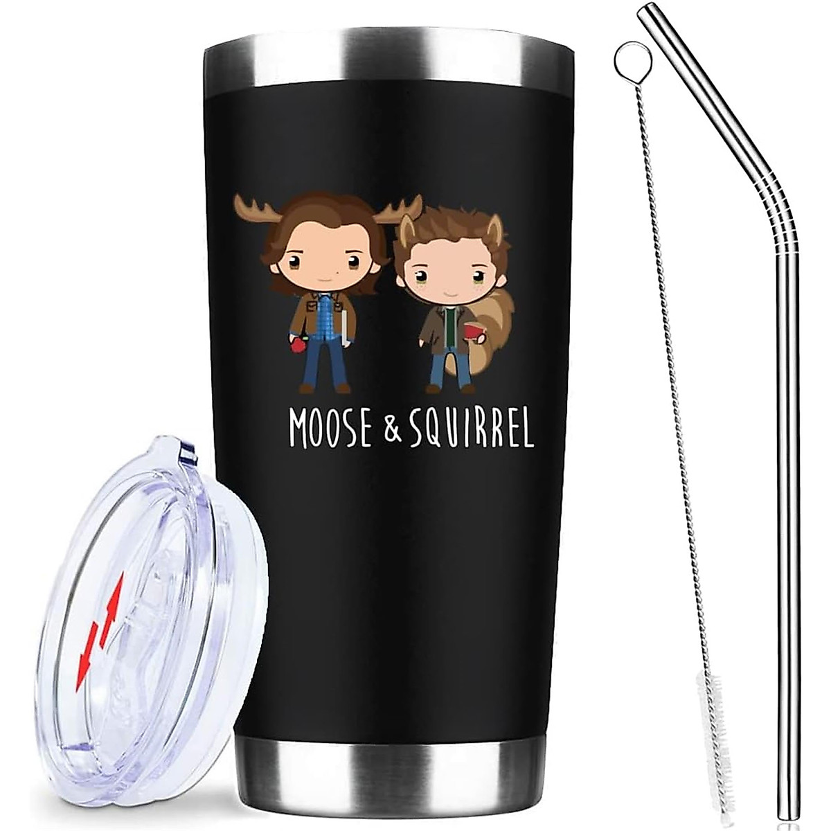 ATHAND Supernatural Merchandise Gifts Sam & Dean Moose & Squirrel Insulated Tumbler Cups Coffee Wine Mug With Lid Straw 20 OZ - Gifts Ideas for TV Show Fan,Friends, Family and Your Soul Mates (Black)