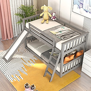 Harper & Bright Designs Bunk Bed Twin Over Twin,Wooden Twin Bunk Bed with Slide & Angled Ladder, Low Profile Toddler Bunk Beds for Kids, Floor Bunk Beds for Girls Boys,Grey