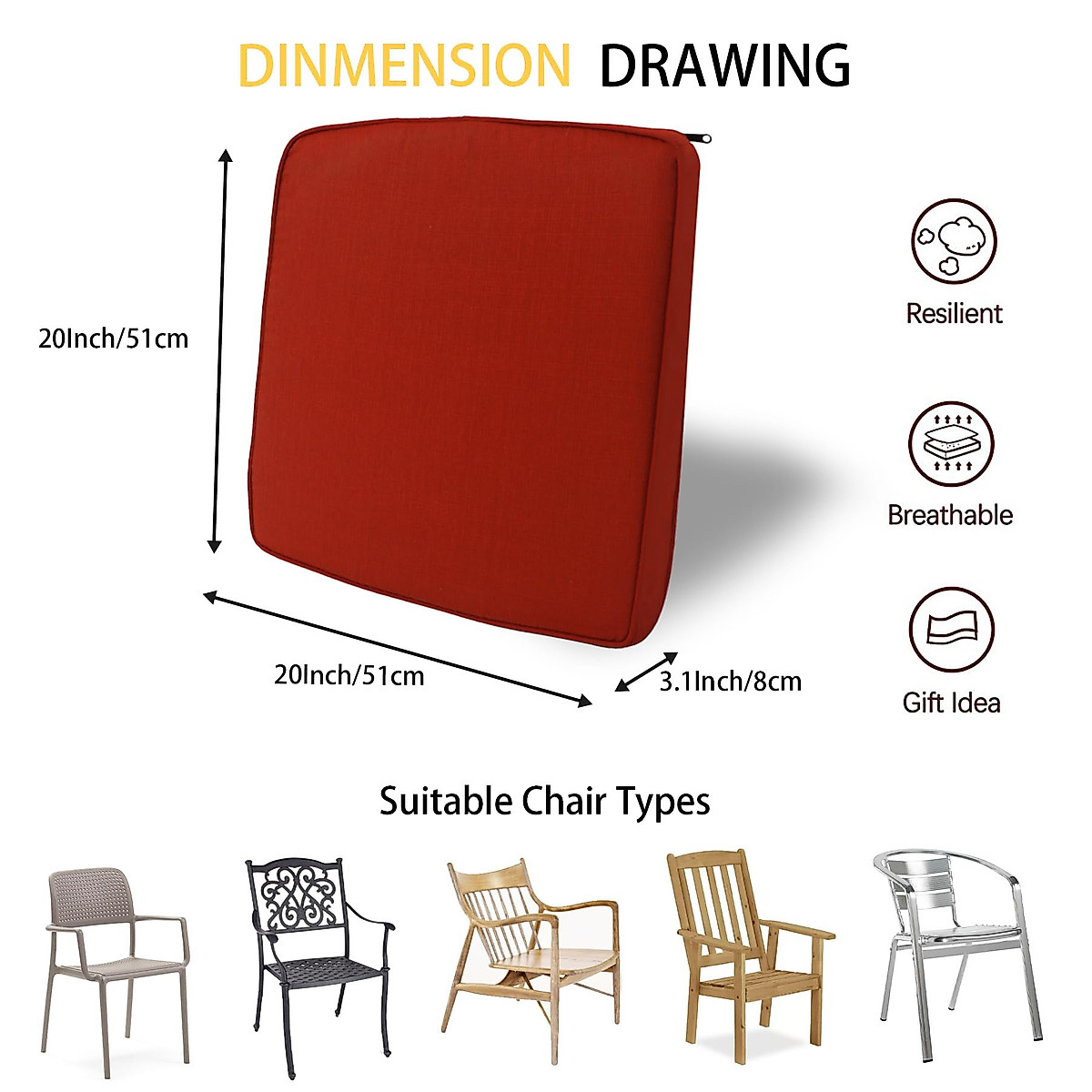 Sunshine Outdoor Patio Cushion Chili Outdoor Chair Pads 20x20 inch with Zipper, Suitable for Patio Furniture and Most Home Depot Furniture 2-Pack