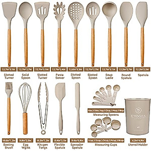 NCUE Kitchen Utensils Set with Holder, 26 pcs BPA Free Non-stick, Wooden Handle Heat Resistance Silicone Spatula Spoon Kitchen Gadgets Cooking Utensils Set (Khaki)