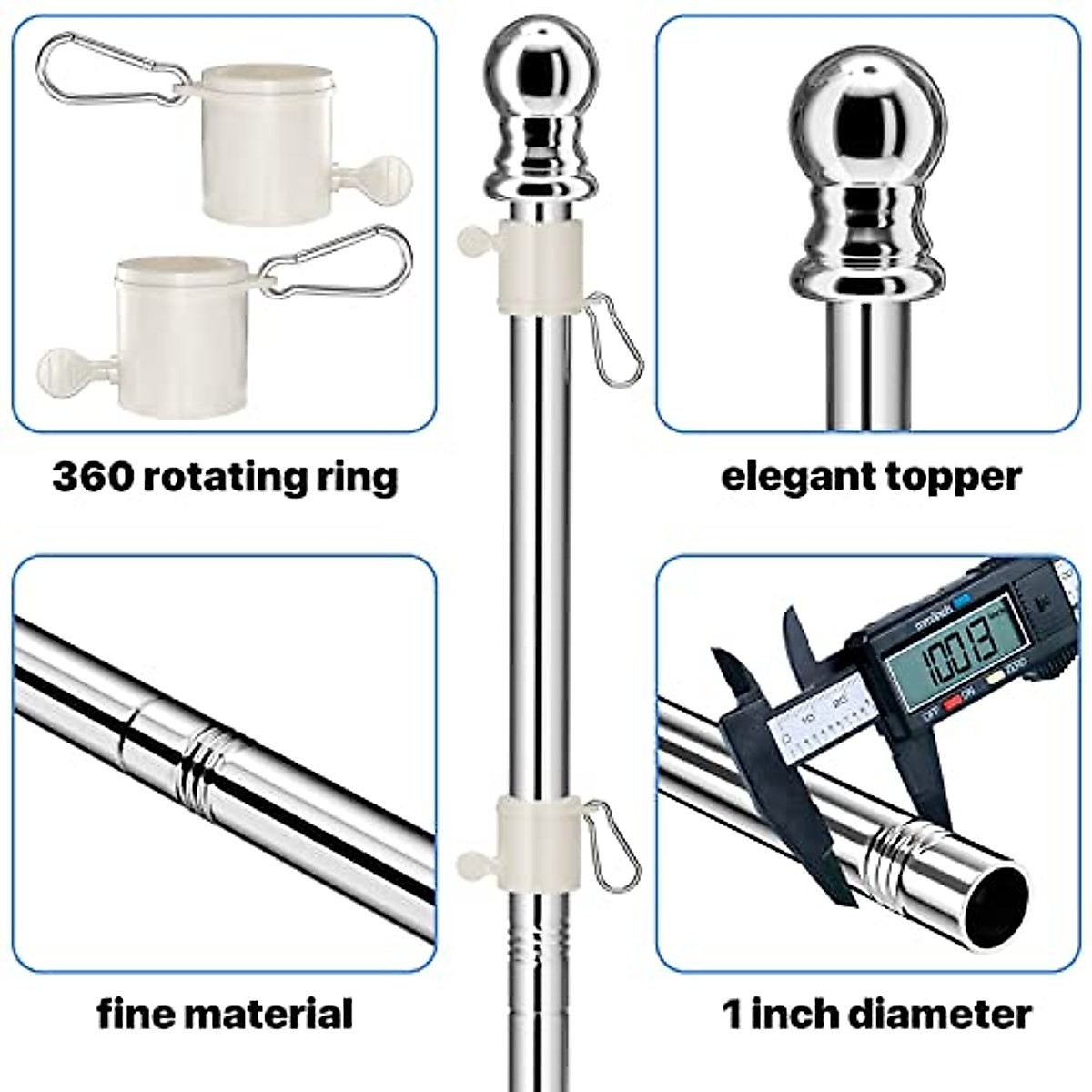 Silver Flag Pole for Outside House, 5.1 FT Flagpole Kit with Wall Mount Holder Bracket, 2 Ring Clips, Stainless Steel Metal Flag Poles for 3x5 American Flags Outdoor, Garden, Yard, Porch, Handheld