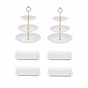 Ctfflhhy 6pcs Cupcake Stand Set with 2 3 Tier Cake Stand + 4 Square Plastic Serving Trays for Wedding Birthday Party