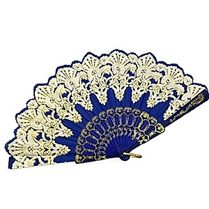 PHONME Multipurpose Folding Hand Held Fan Flower Lace Black Wedding Dance Party Silk Fans Luxury Fashion Hot Stamping Fan Spanish Style for Decoration Vintage Style (Color : Royal Blue)