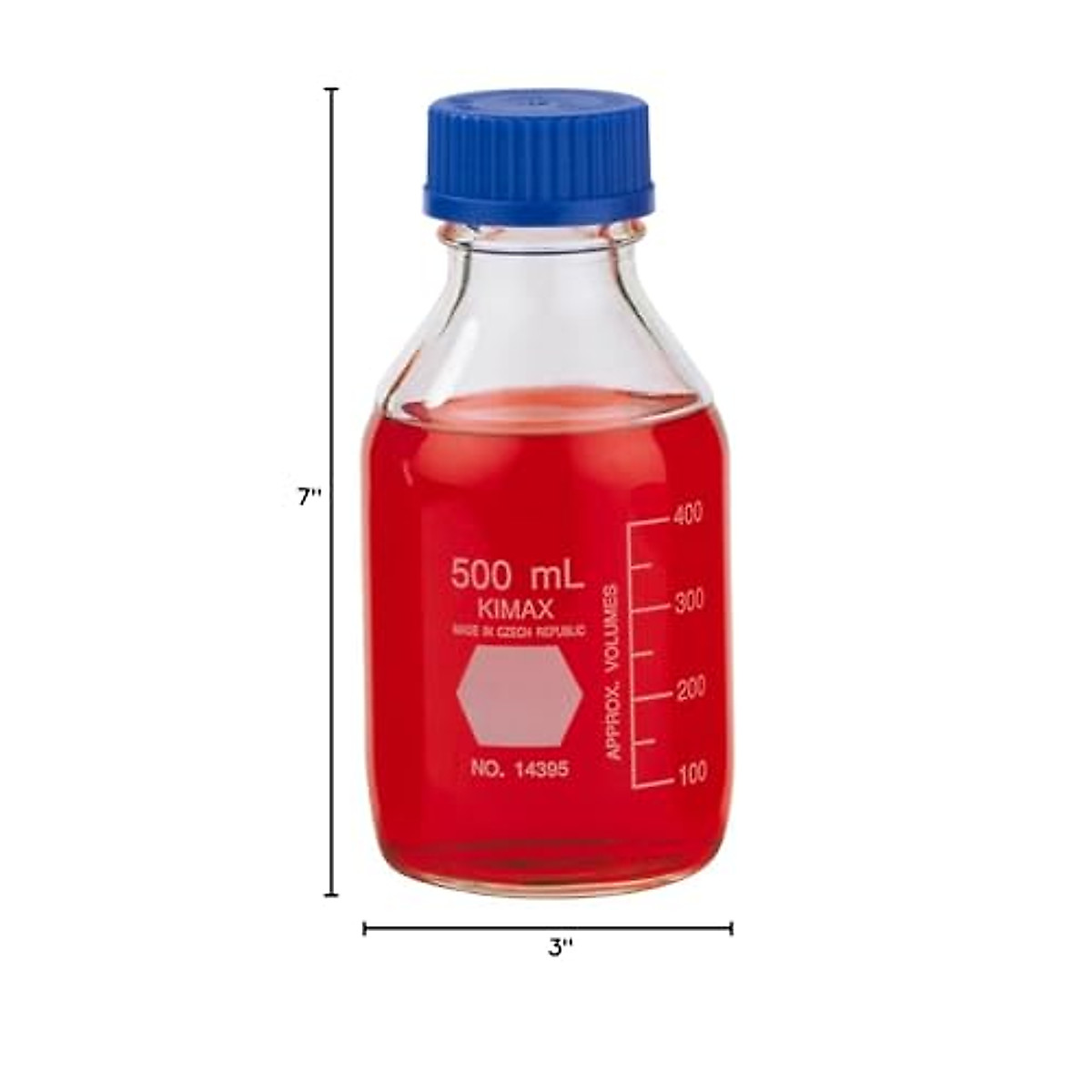 Kimble Chase DWK Kimble 500mL GL45 Round Media Bottle with Blue Cap, Graduations, 14395-500, Qty 1,500 mL