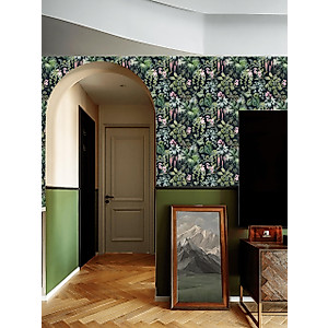 Ismoon Green Peel and Stick Wallpaper, Tropical Wallpaper Black/Green/Pink Contact Paper Jungle Leaf Wallpaper Peel and Stick Removable Wallpaper Vinyl Self Adhesive Wallpaper Waterproof