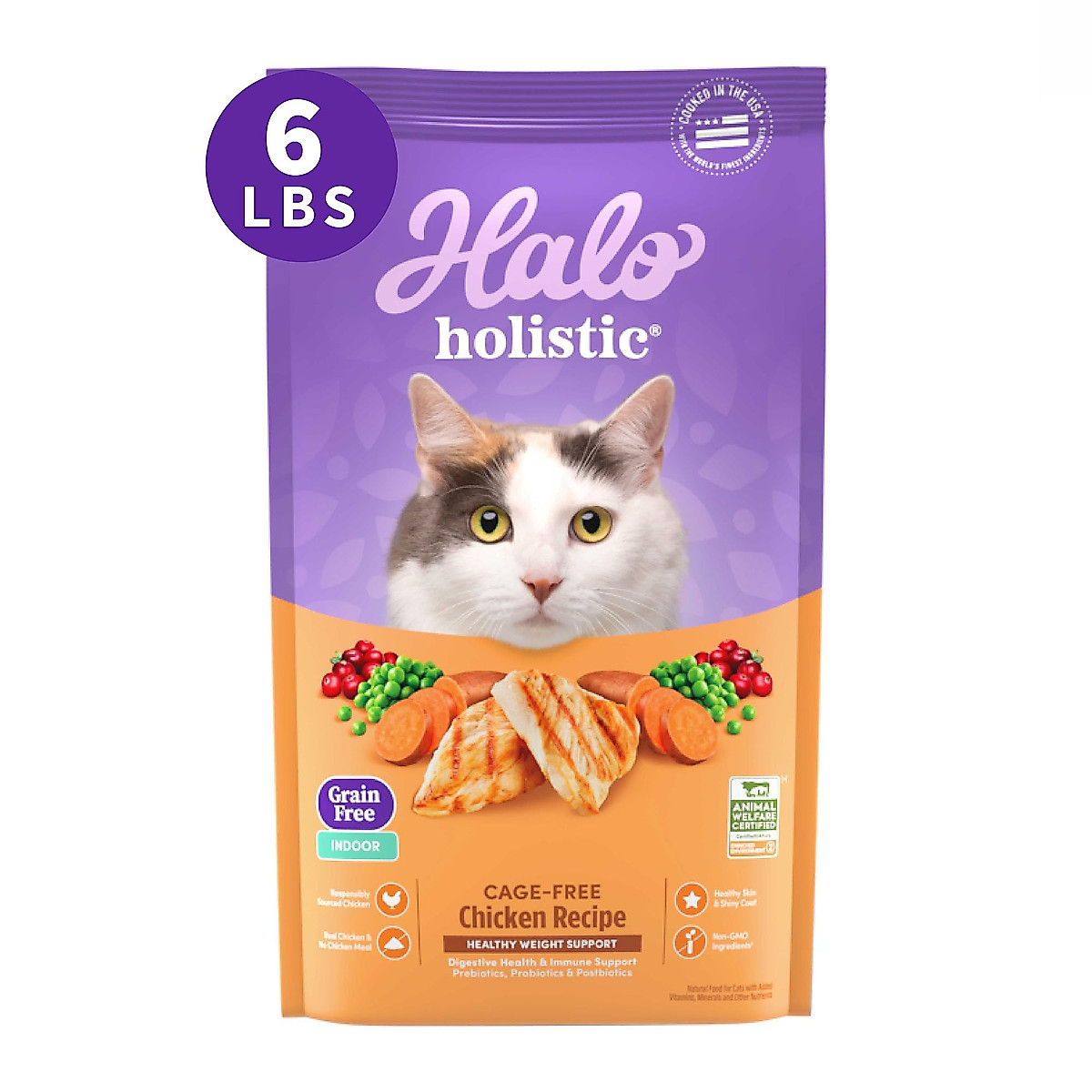 Halo Holistic Indoor Cat Food Dry, Grain Free Cage-free Chicken Recipe for healthy weight support, Complete Digestive Health, Dry Cat Food Bag, Adult Formula, 6-lb Bag