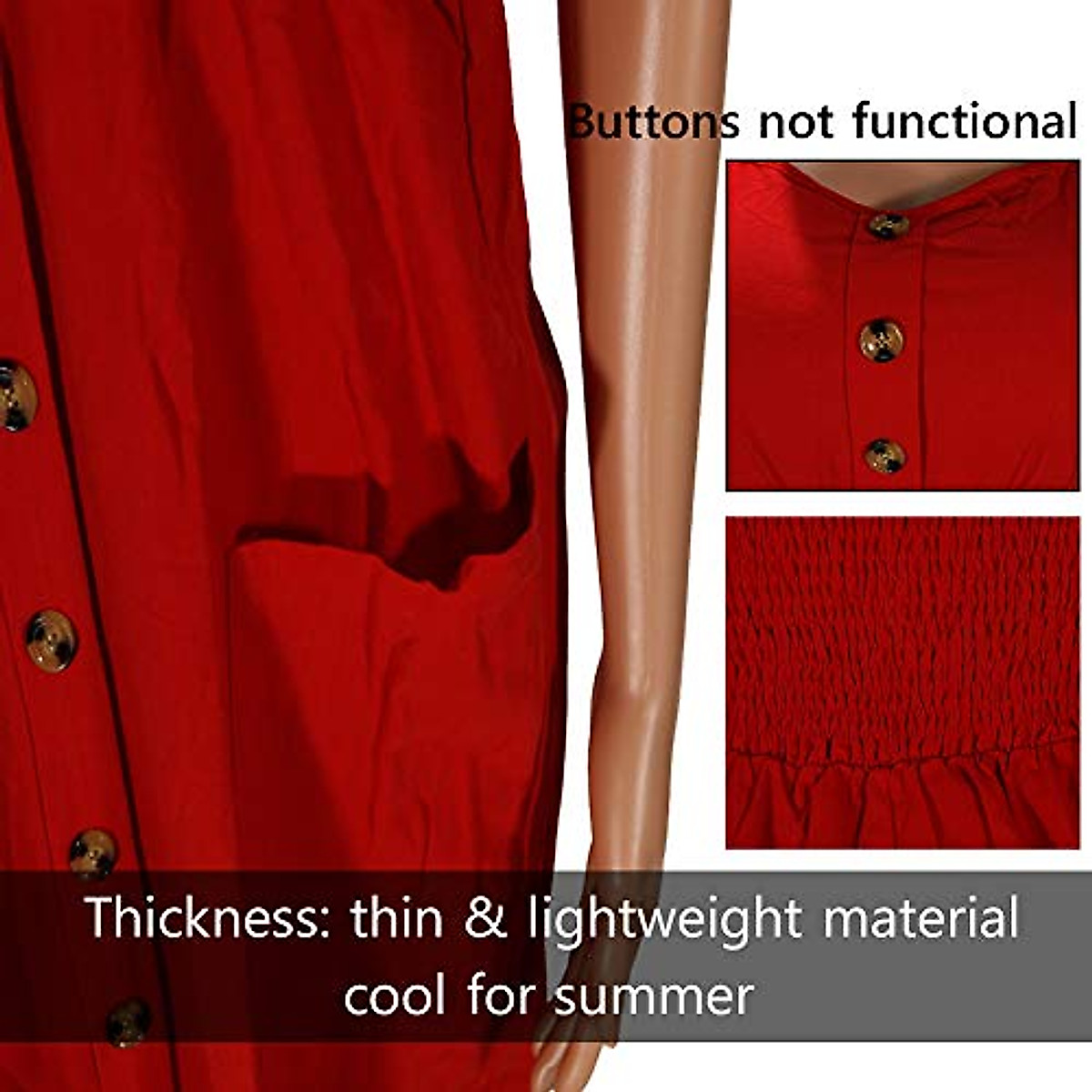 Womens Summer Button Down Casual Swing Plain Solid Midi Dress Pockets Red X-Large