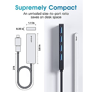 BYEASY USB Hub, USB 3.1 C to USB 3.0 Hub with 4 Ports and 2ft Extended Cable, Ultra Slim Portable USB Splitter for MacBook, Mac Pro/Mini, iMac, Ps4, PS5, Surface Pro,Flash Drive, Samsung(Black)