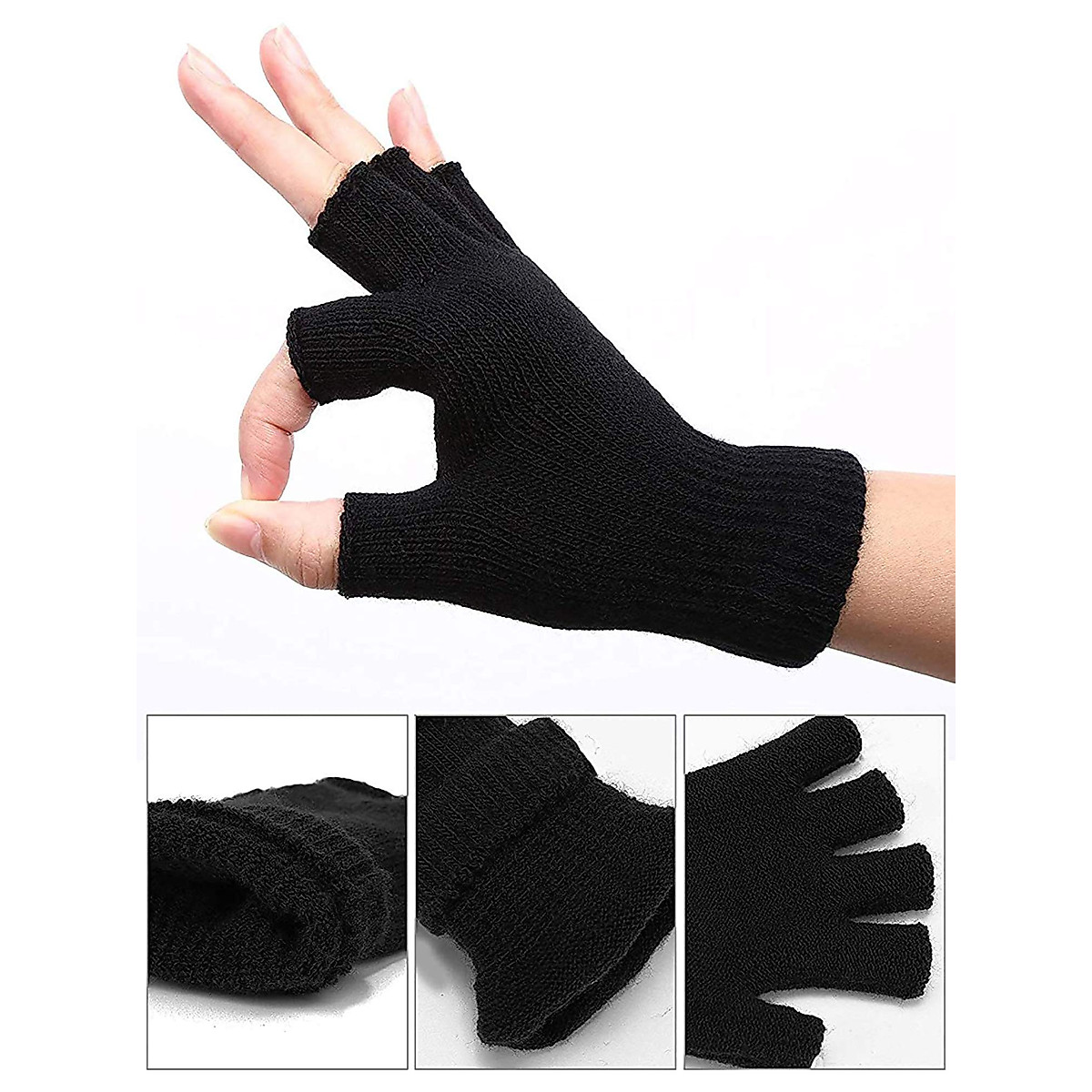 SATINIOR 4 Pairs Winter Half Finger Gloves Knitted Fingerless Mittens Warm Stretchy Gloves for Men and Women (Black, Grey, Blue)