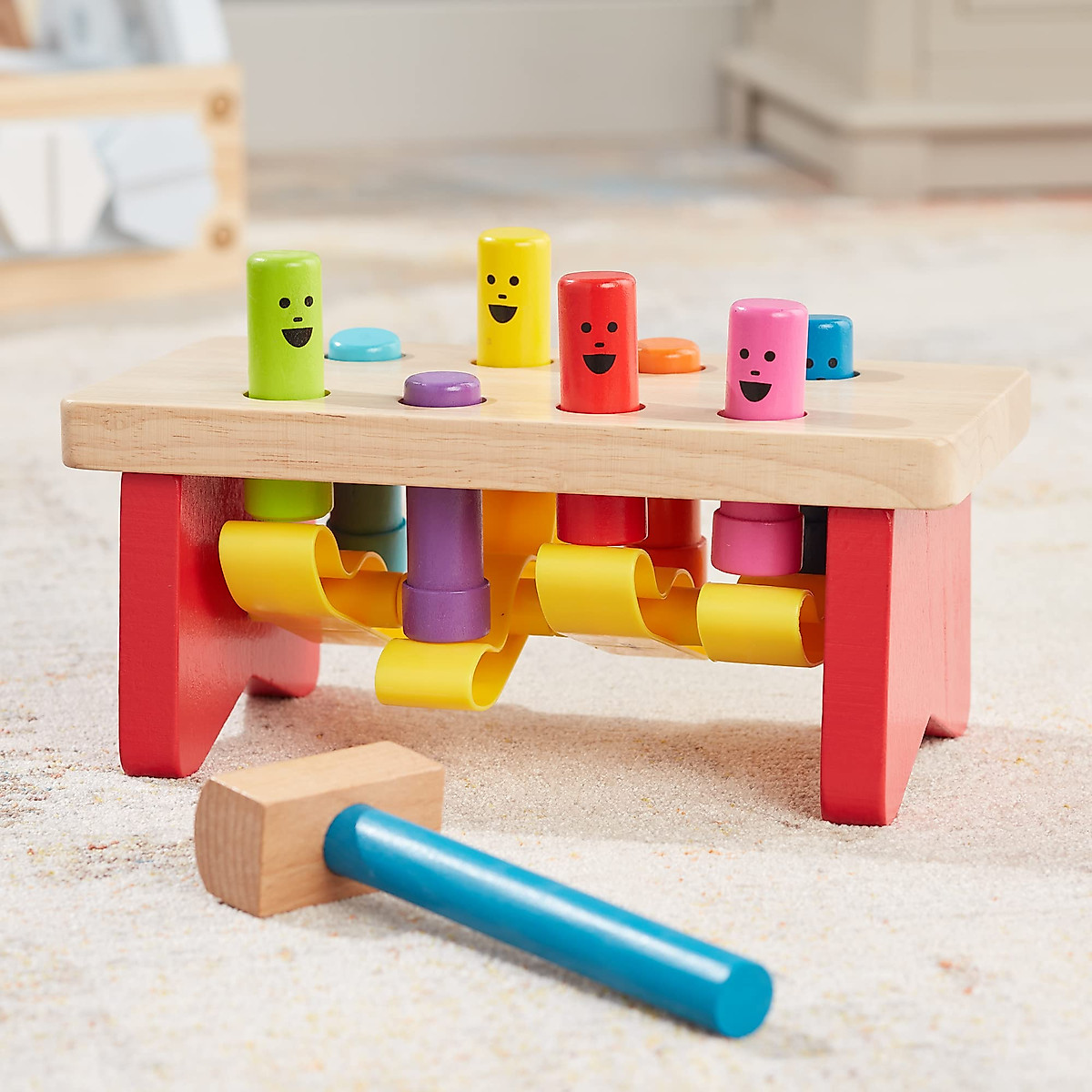 Melissa & Doug Geometric Stacker - Wooden Educational Toy & Deluxe Pounding Bench Wooden Toy with Mallet