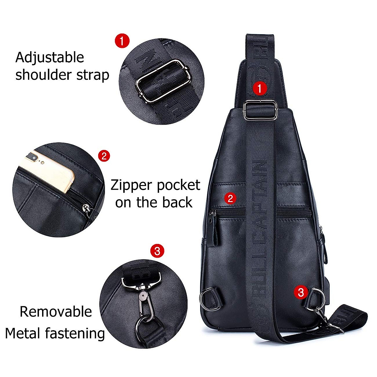 BULLCAPTAIN Genuine Leather Mens Sling Bag Multipurpose Travel Crossbody Chest Bag Daypacks with USB Charging Port (Black)