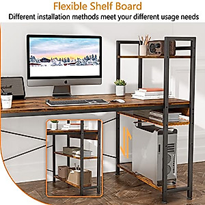 Engriy Computer Desk with 4 Tier Shelves for Home Office, 47" Writing Study Table with Bookshelf and 2 Hooks, Multipurpose Industrial Wood Desk Workstation with Metal Frame for PC Laptop, Rustic Brown