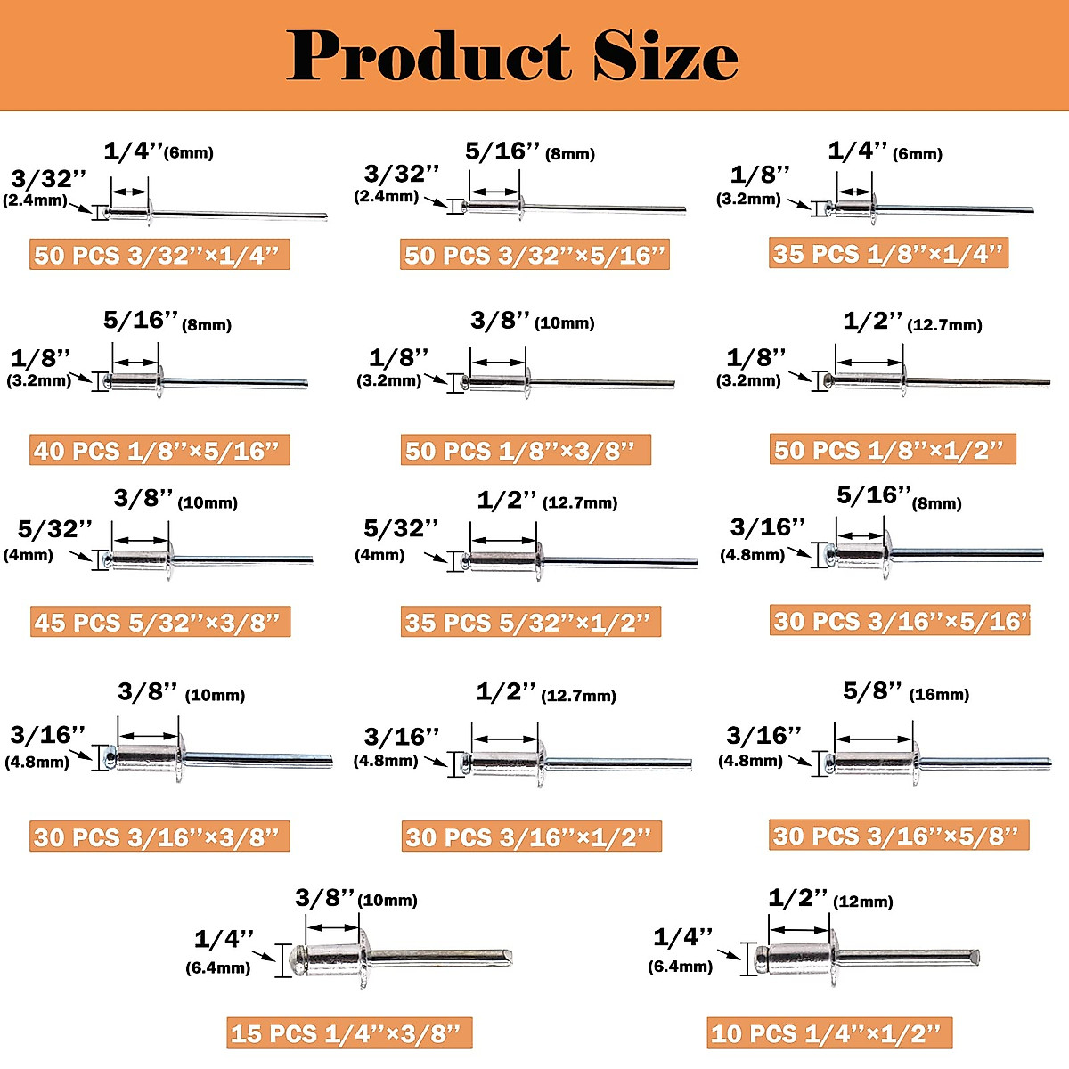 Sunxeke 500pcs Pop Rivets Aluminum Rivets Assortment Kit (3/32 1/8 5/32 3/16 1/4inch),14 Sizes Assorted Blind Rivets for Assembling RV,Furniture and Plastic Frame Windows(Silver)