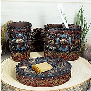 Ebros Gift Rustic Western Old World Country Blue Cross with Concho and Nailheads in Faux Distressed Wood Finish with Floral Patterns (Tumbler Cup, Soap Dish and Toothbrush Holder Set of 3)