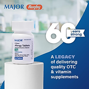 MAJOR Chlorpheniramine 4 Mg Tabs - Chlorpheniramine Maleate 4-Hour Allergy Medicine Tablets - Antihistamine for Sneezing, Itchy and Watery Eyes, Itchy Throat, Runny Nose - 100 Tablets per Bottle