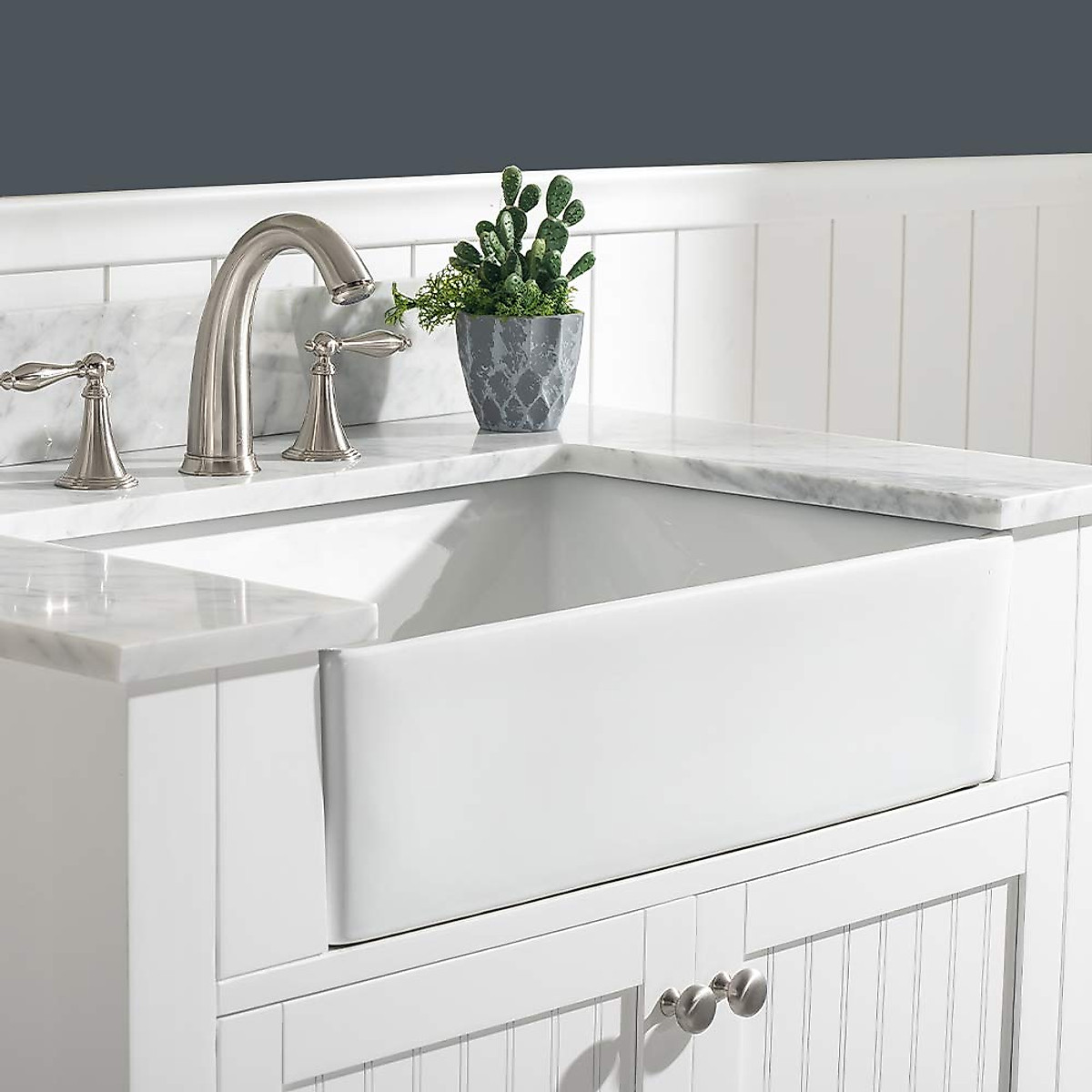 Luca Kitchen & Bath LC36VWW Balboa 36” Single Bathroom Vanity Set in Pure White with Carrara Marble Countertop and Farmhouse Sink