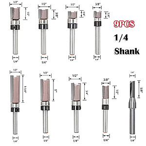SICWOOD 9pcs Pattern Flush Trim Router Bit 1/4 Shank, Carbide Tipped Top Bearing Template Pattern Router Bit, Straight Flush Cut Router Bit, for Wood Trimming