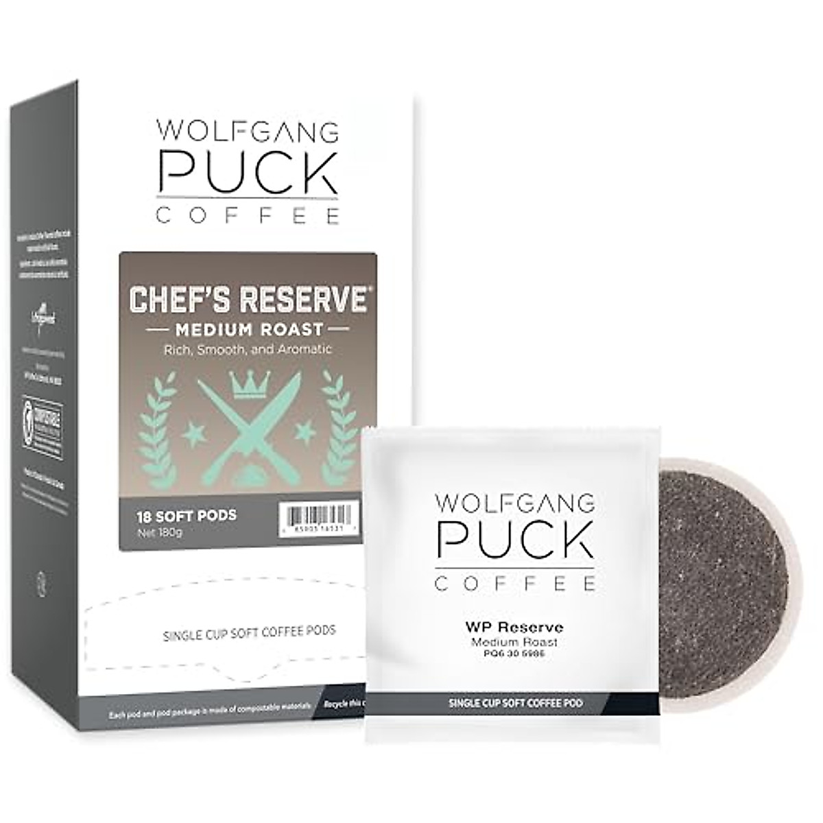 Wolfgang Puck Coffee, Chef's Reserve, Medium Roast, 9.5 Gram Soft Pods, 18 Count (Pack of 1)