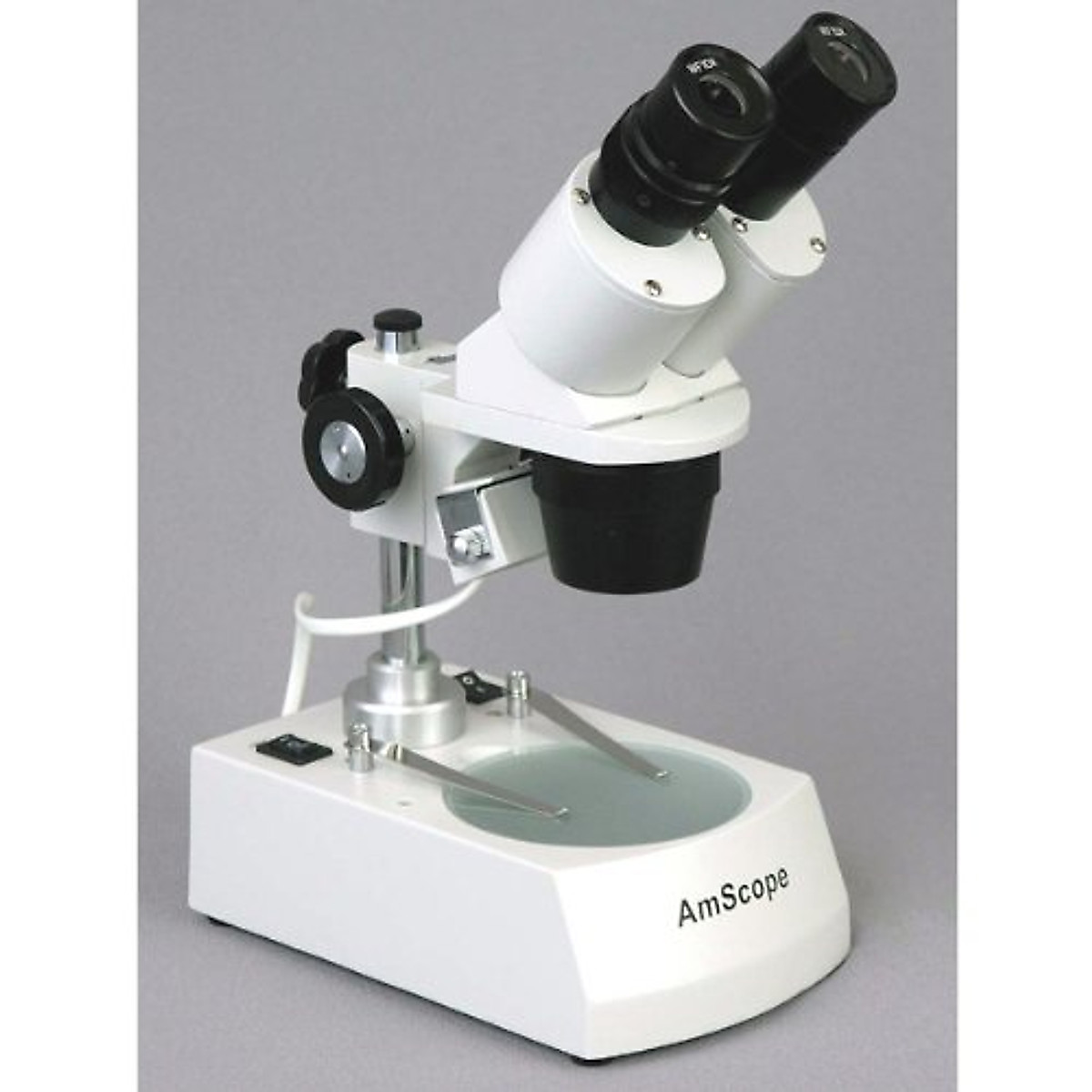 AmScope SE305R-PZ-LED Forward-Mounted Binocular Stereo Microscope, WF10x and WF20x Eyepieces, 10X/20X/30X/60X Magnification, 1X and 3X Objectives, Upper and Lower LED Lighting, Reversible Black/White Stage Plate, Pillar Stand, 120V or Battery-Powered