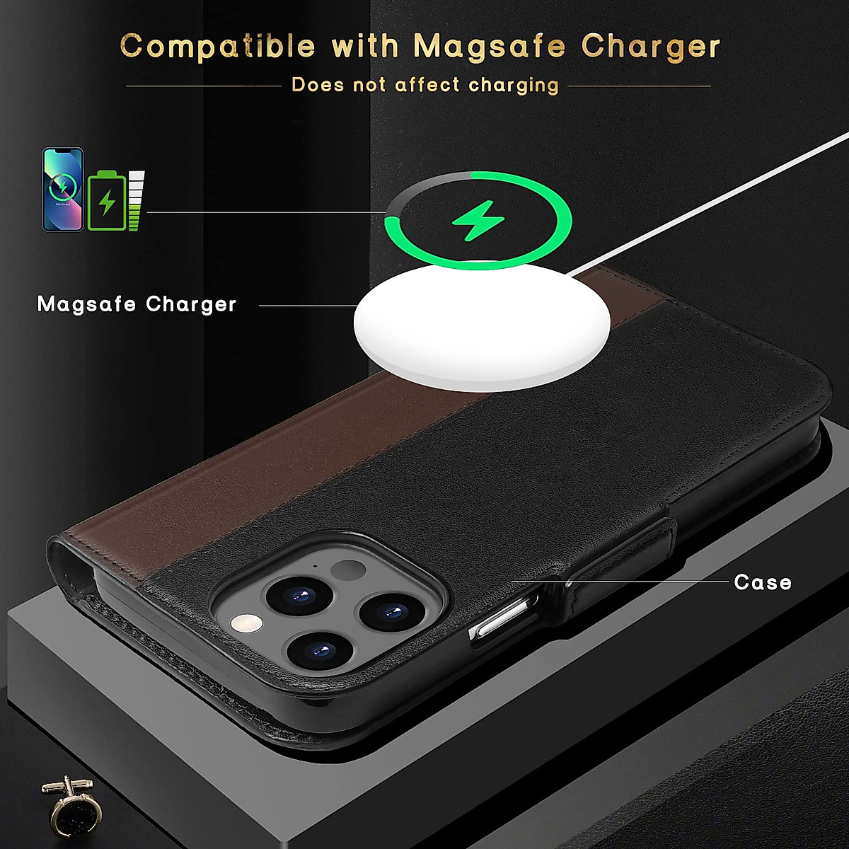 FYY for iPhone 13 Pro Max Case, [Support Magsafe Charging][Genuine Leather] Wallet Phone Case with Card Holder Protective Shockproof Cover for iPhone 13 Pro Max 5G 6.7" Black&Brown