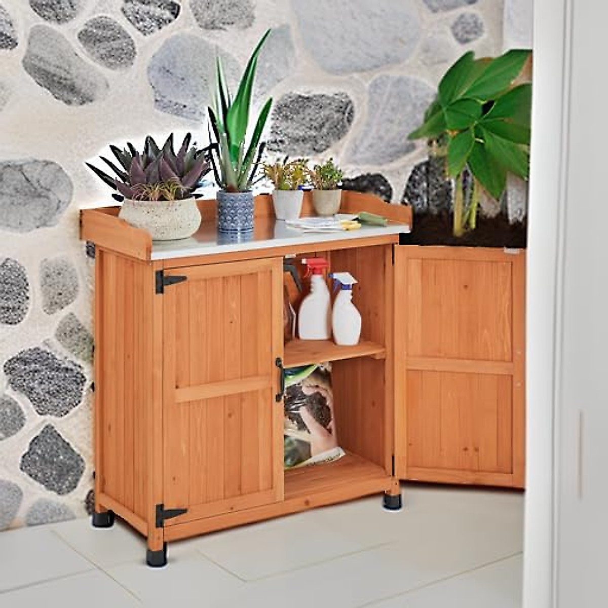 Yaheetech Garden Potting Bench Table - Outdoor Garden Patio Wooden Storage Cabinet & Solid Wood Planting Work Bench with Large Space Storage & Metal-Plated Tabletop, Brown