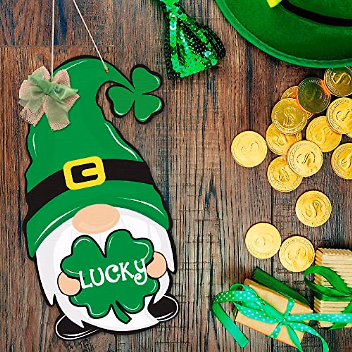 Huray Rayho St Patrick's Day Gnome Door Sign Wooden Welcome Door Hanger for Porch Farmhouse Garden Apartment Office Home Decor (9" x 17.5")