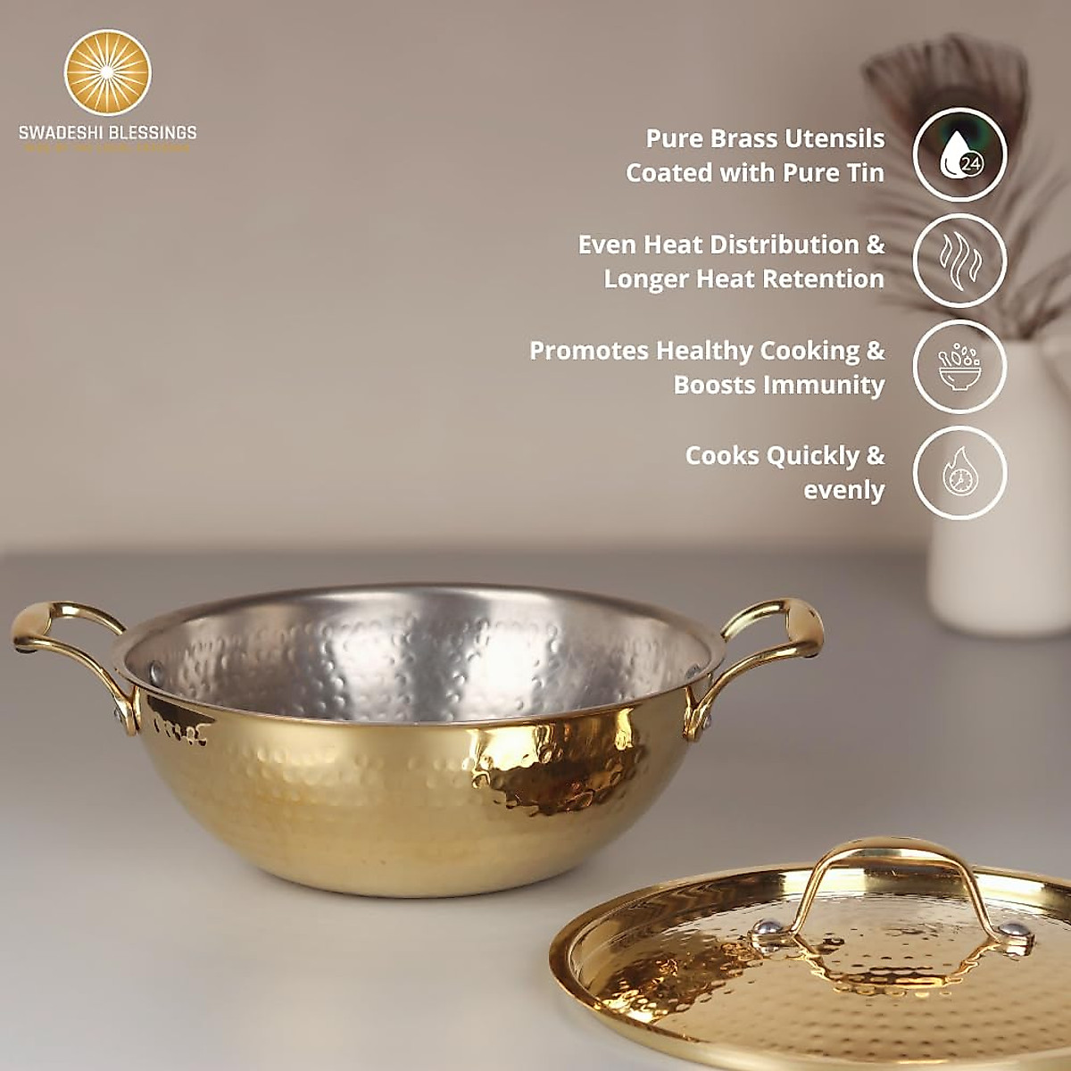 Swadeshi Blessings Exclusive Range Brass Kadai for Cooking with Lid/Teflon-Free/Naturally Non-Stick Brass Utensils with Tin Coating (2 Litres)