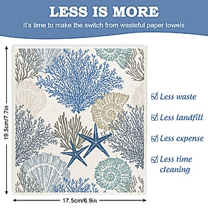 AnyDesign Ocean Swedish Kitchen Dishcloths Under The Sea Kitchen Dish Towel Reusable Seashell Starfish Coral Absorbent Cotton Dish Cloth for Summer Beach Party Cleaning Housewarming, 7 x 8, 4Pcs