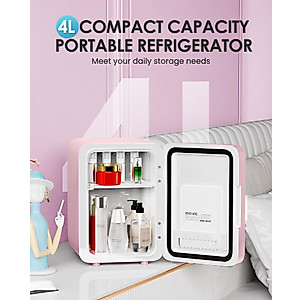 CUTIEWORLD Skincare Fridge With Dimmable LED Light Mirror, 4L Makeup Mini Fridge for Bedroom, Car, Office & Dorm, Cooler & Warmer, Portable Small Refrigerator for Cosmetics, Skin Care and Food, Pink