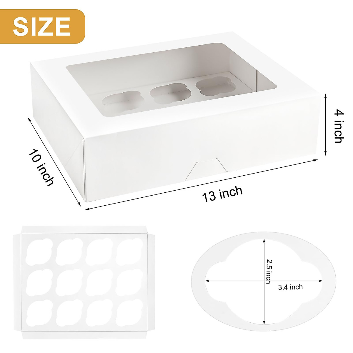 Kucoele 12 Count Cupcake Boxes, 2 Pack White Cupcake Containers with Windows and Inserts, Disposable Cupcake Carriers for Muffins, Treats, Pastries, 13 x 10 x 4 Inches