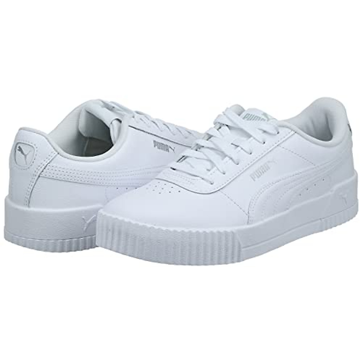 PUMA Womens Carina Leather Sneaker, PUMA Womens White-PUMA Womens White-PUMA Womens Silver, 6.5