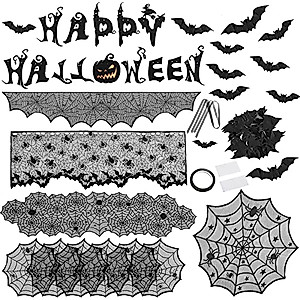 7 Pack Halloween Decorations Indoor Set- Halloween Fireplace Mantel Scarf&Spider Table Runners&Round Tablecloth&Halloween Banner&Cobweb Lampshade&Coasters&3D Bat Sticker for Halloween Party Decors (A)
