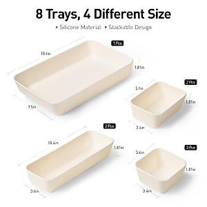 ISSEVE 8Pcs Nesting Silicone Drawer Organizer Set, 4 Size Versatile Vanity Bathroom Drawer Organizer Trays Divider, Desk Drawer Organizer Storage Bins for Office, Kitchen, Bedroom and Dorm (White)