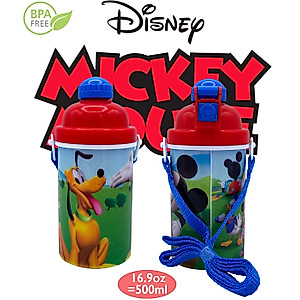 Zak Designs Disney Classic Mickey Carrying Strap One Touch Water Bottles with Reusable Built in Straw - Safe Approved BPA Free, Easy to Clean, for Kids Girls Boys, Goodies Home Travel