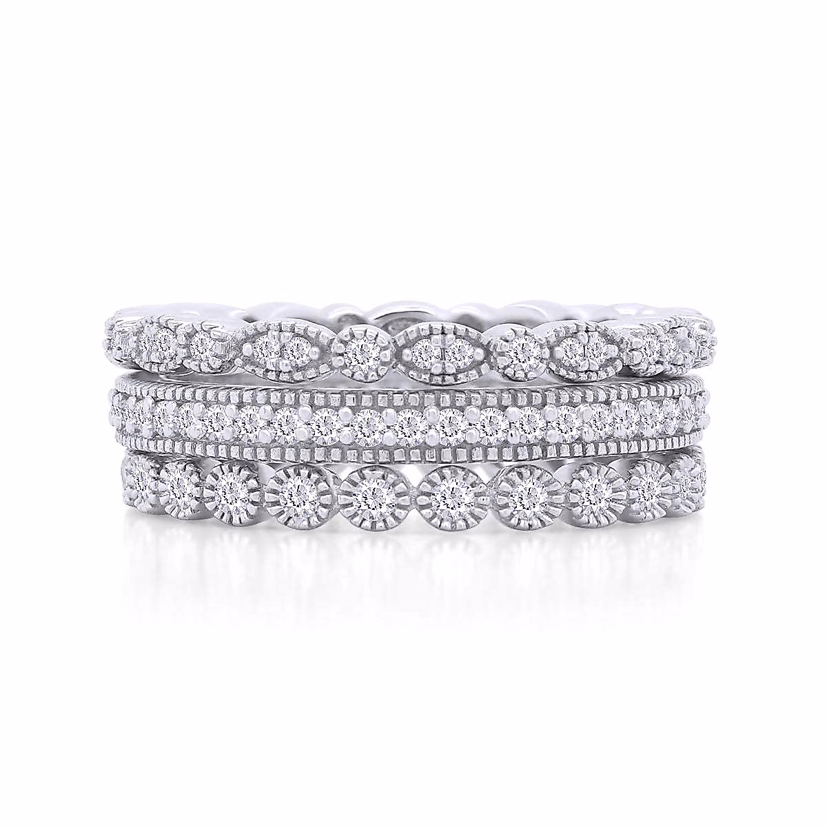 AFFY Womens Anniversary Eternity Bands 3 Stackable Rings Cubic Zirconia Engagement Bridal Milgrain Marquise Infinity Ring 14K White Gold Plated 925 Sterling Silver Ring Sets Size-8.5
