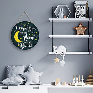 CHDITB Love You To The Moon And Back Wood Sign Wall Decor, Moon Star Wooden Door Hanging Art, Family Love Words Wood Art Plaque for Children Wife Bedroom Nursery (12''x12'')