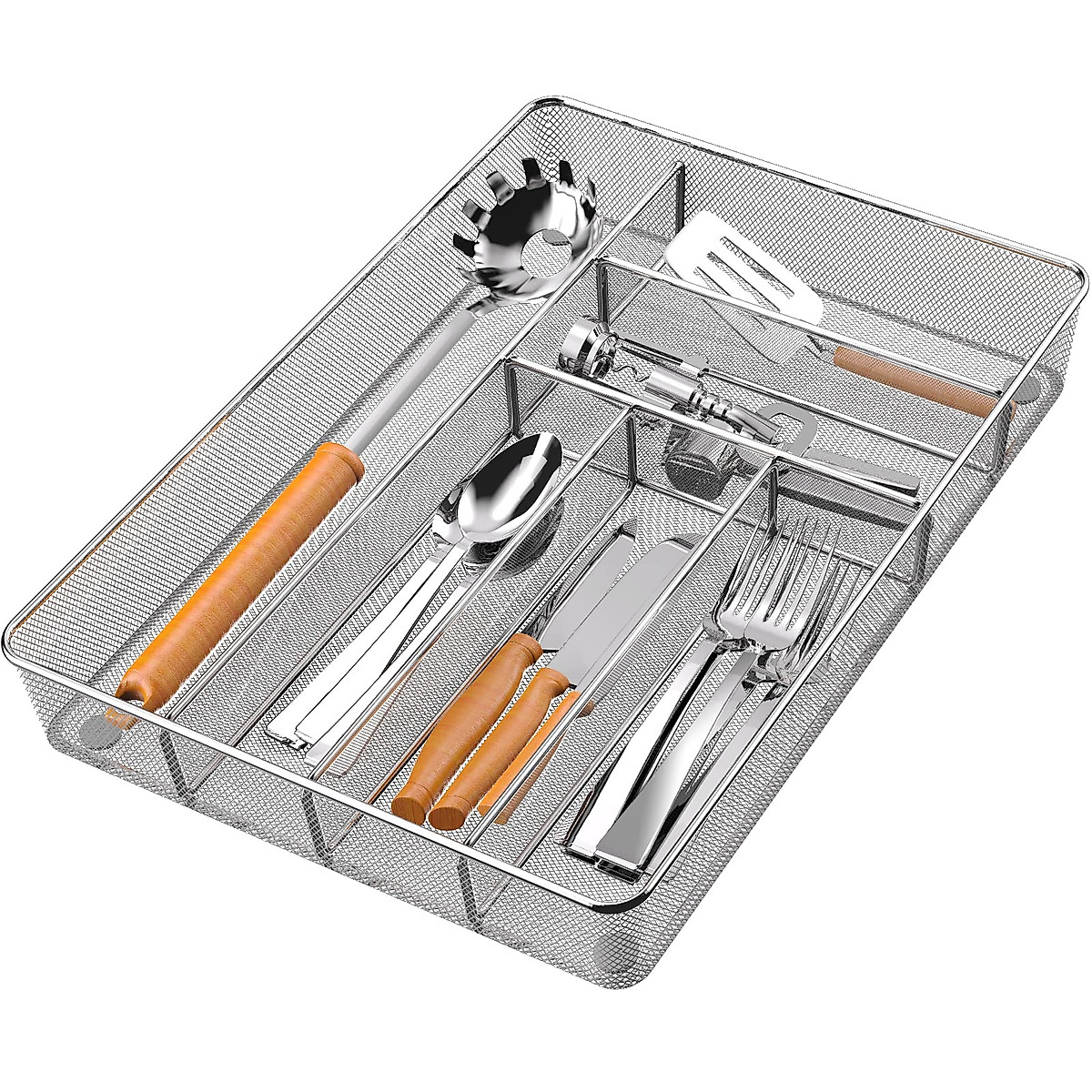 Pipishell Mesh Drawer Organizer Tray for Cutlery Silverware Flatware, 6 Compartments Kitchen Utensils Holder with Anti-slip Mats, Drawer Dividers for Knives Fork Spoon Office Supplies, Large