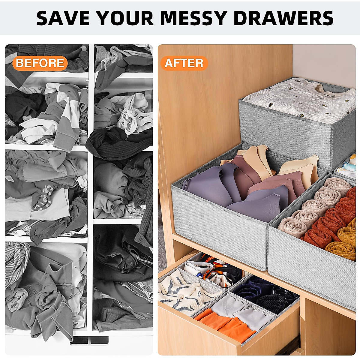 Criusia Drawer Organizers for Clothing 15 Pack, Foldable Fabric Closet Organizers and Storage Bins for Baby Clothes, Dresser Drawer Dividers for Adult Sock Underwear, Bra, Nursery Organization (Grey)