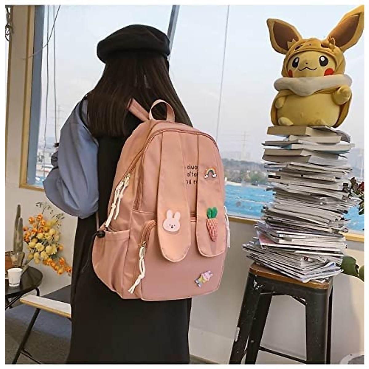 Kawaii Bunny Backpack Cute Bunny Ears Backpack for School Girl Teens Waterproof Carrot Satchel Travel Bag Bookbag School Bag (Pink, Large)
