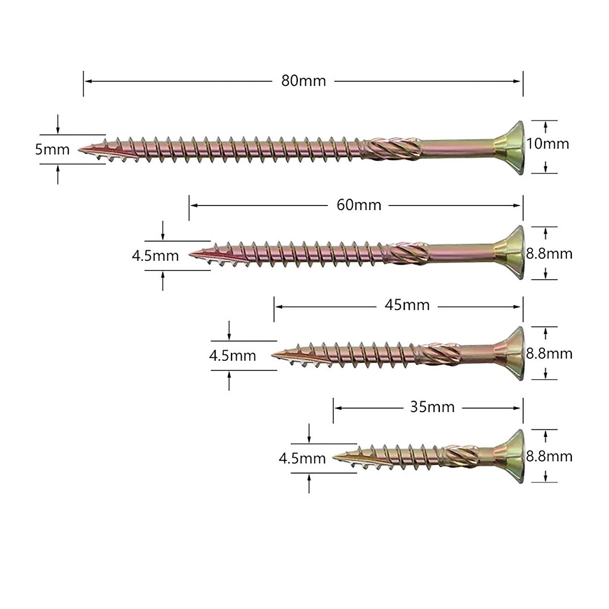 DShanLa 100Pcs 35/45/60/80mm Woodworking Pocket Hole Screws T25 Torx Self Tapping Screws Deck Screw Wood Binding Screws for Hardwood DShanLa (Length : 60mm)