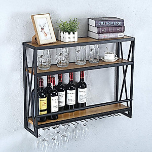 OLDRAINBOW Industrial Wine Racks Wall Mounted with 8 Stem Glass Holder,Rustic Metal Hanging Wine Holder,3-Tiers Wall Mount Bottle Holder Glass Rack,Wood Shelves Wall Shelf (Black, 31.5in)