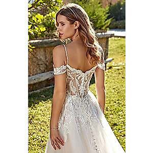 SEIM Plus Size Womens Lace Applique Bodice 2023 Wedding Dress with Slit White Long Empire Waist Off Shoulder Beach Wedding Dress with Slit for Bride 16W
