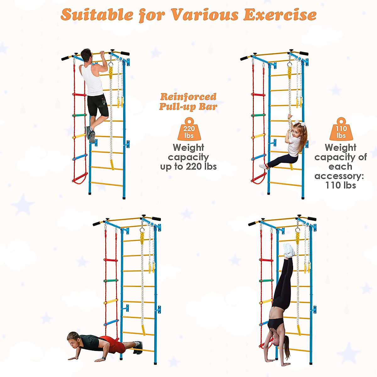 Costzon 5 in 1 Climbing Toys for Toddlers, Indoor Kids Gym for Exercise, Steel Ladder Wall Set with Wall Ladder, Pull-up Bar, Climbing Rope and Gymnastic Rings, Climber Ladder Toys Boys Girls Gift