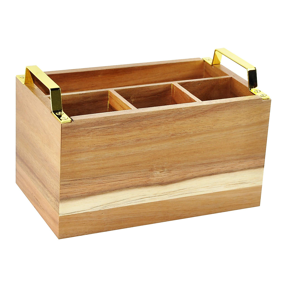 Spiretro Flatware Caddy, Cutlery Utensil Holder, Silverware Condiment Organizer for Kitchen, Dining, Entertaining, Tailgating, Picnics, 4 Compartments，Solid Torched Wood with Golden Metal Handle-Beige